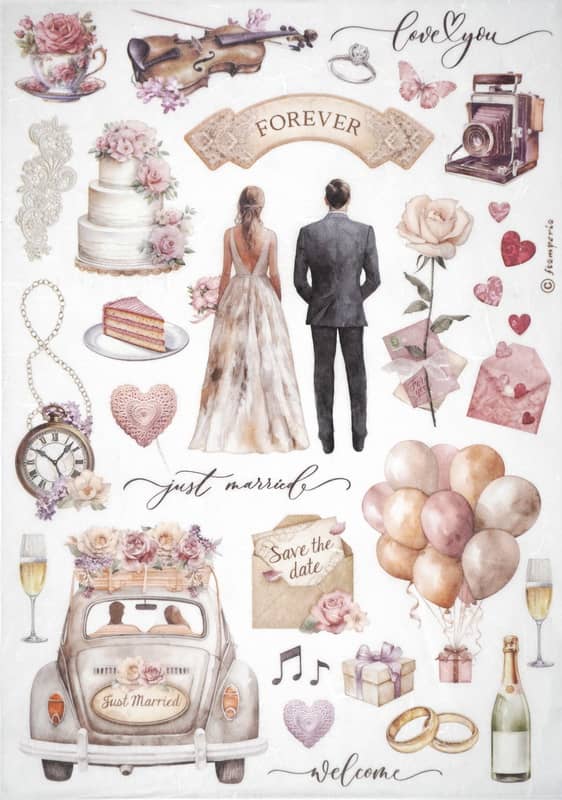 Stamperia Rice Paper A4 - Romantic Wedding Theme - DFSA4892 - Napkin Shop
